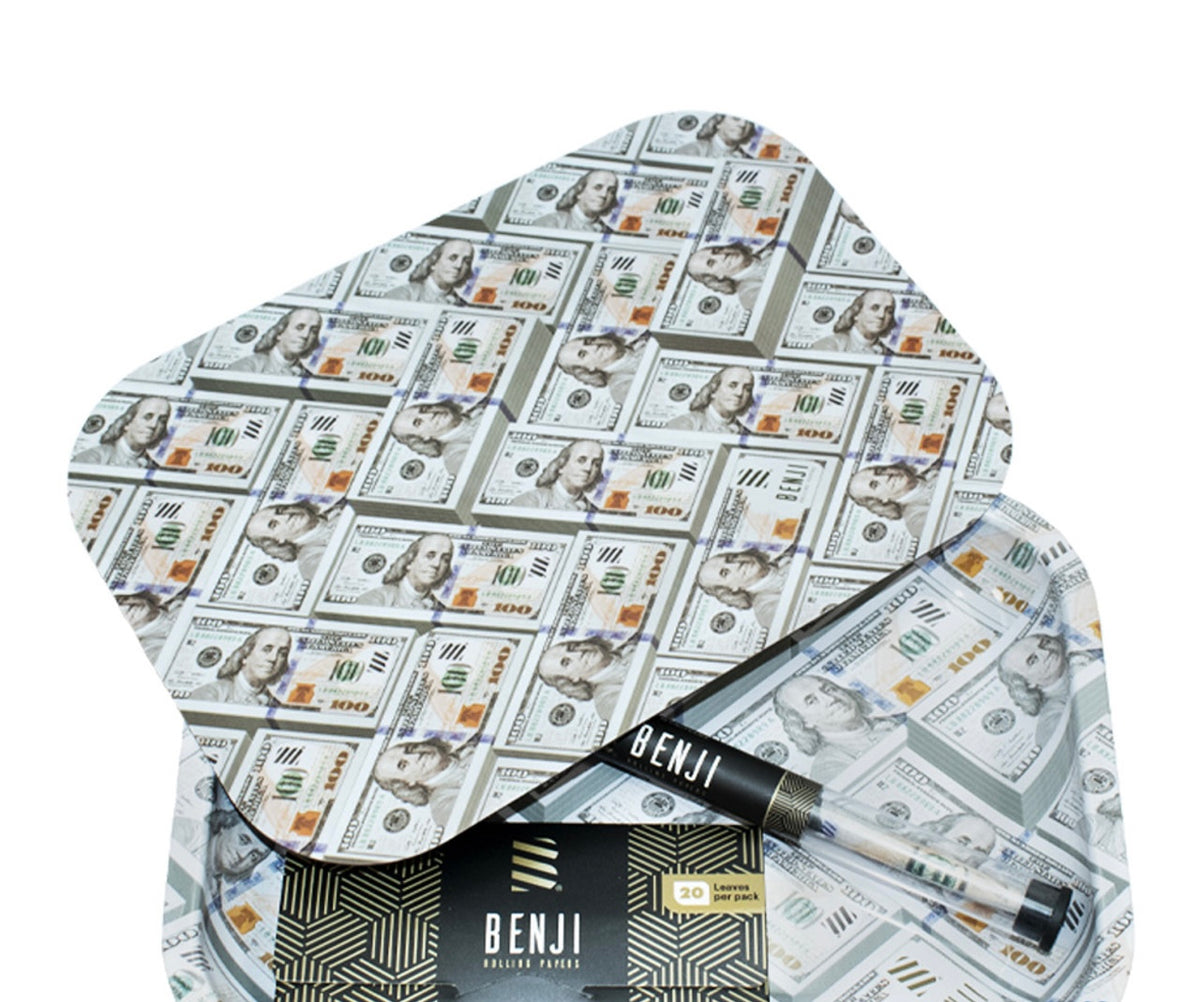 Benji Metal Tray With Magnetic Lid + Pre-Rolled Cones + Rolling Papers ...